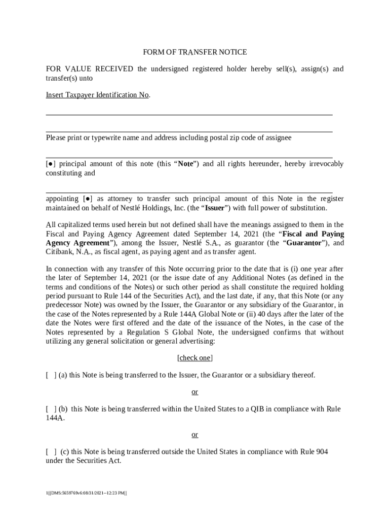 Trust Indenture CLSec 16S OF TRANSFER NOTICE FOR VALUE ... Doc Template ...