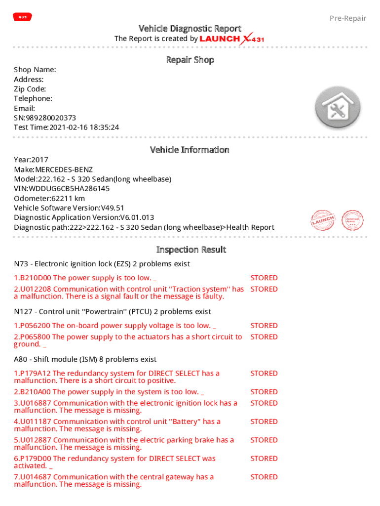 Fillable Online Pre-Repair Vehicle Diagnostic Report Inspection ...