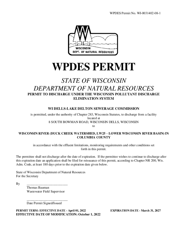 Fillable Online dnr wisconsin WPDES PermitsWisconsin DNR - Wisconsin ...