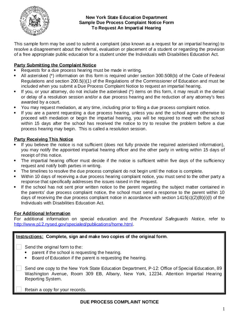 Sample Due Process Complaint Notice To Request An Impartial ... Doc ...
