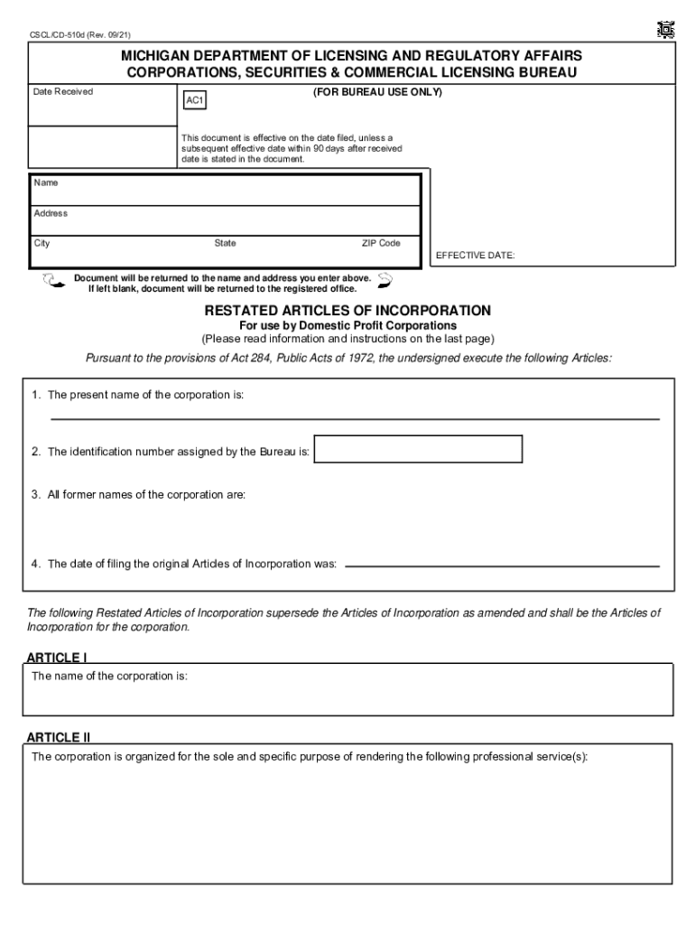 Fillable Online scprod.michigan.gov lara -ARTICLES OF INCORPORATION For use by Ecclesiastical ...