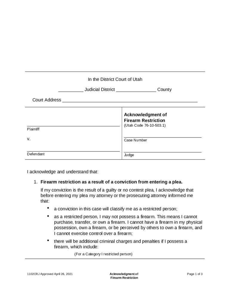 Acknowledgment of Firearm Restriction Doc Template | pdfFiller