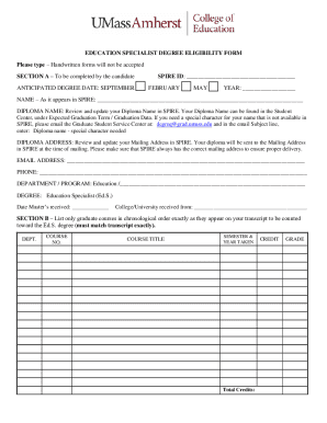 Fillable Online EDUCATION SPECIALIST DEGREE ELIGIBILITY FORM - UMass ...