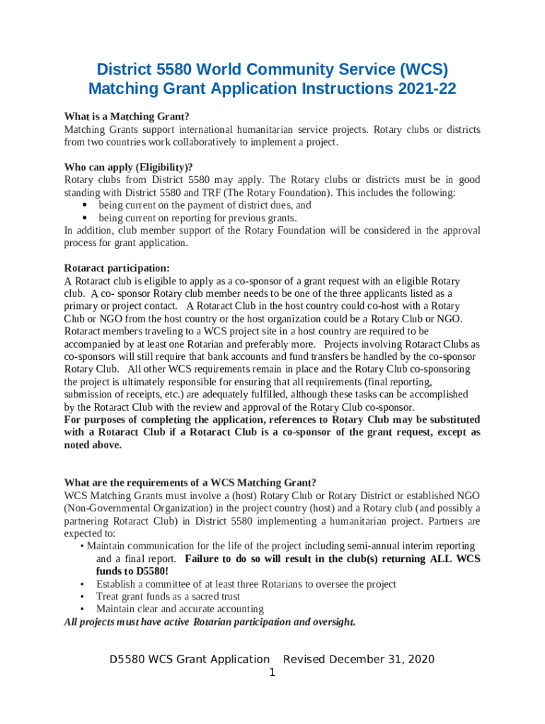 District 5580 World Community Service (WCS) Matching Grant Application ... Doc Template | pdfFiller