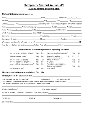 Fillable Online Chiropractic Sports & Wellness PC Acupuncture Intake ...
