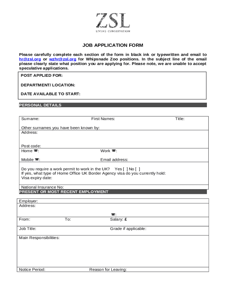 JOB APPLICATION - zsl.org Doc Template | pdfFiller