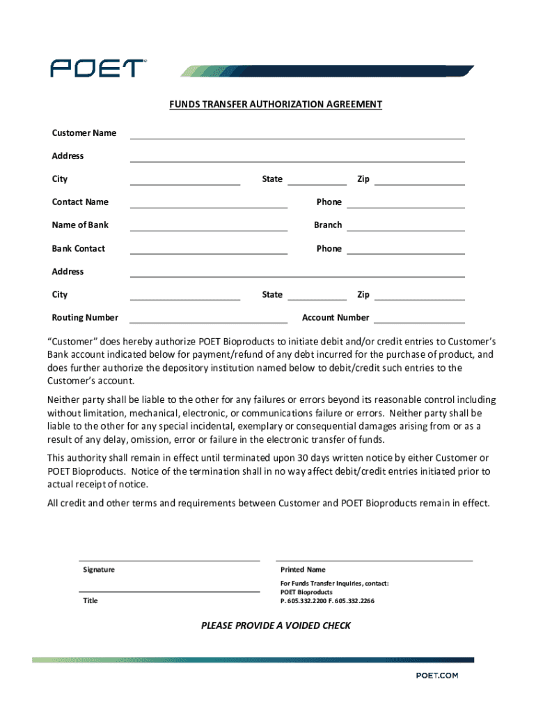 Fillable Online funds transfer authorization agreement - POET Fax Email Print - pdfFiller