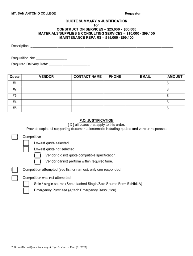 Fillable Online Quote summary and justification for construction ...