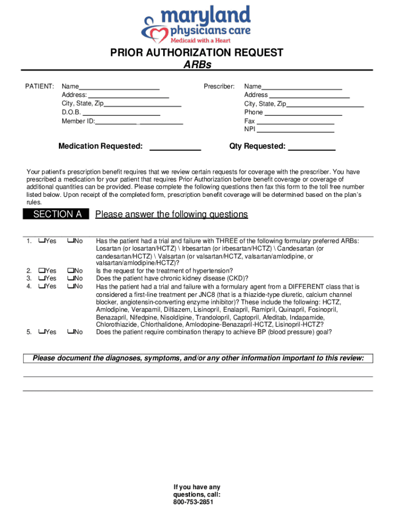 Fillable Online PRIOR AUTHORIZATION REQUEST ARBs Fax Email Print - pdfFiller