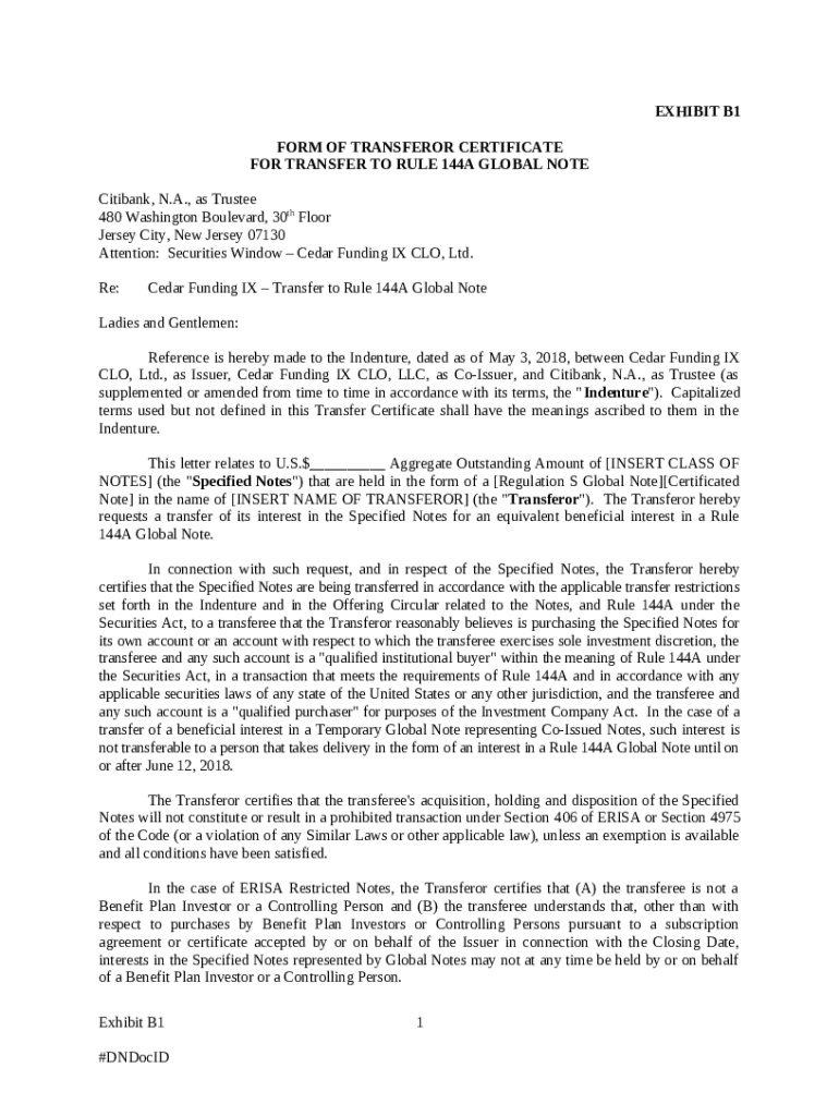 EXHIBIT B-1 OF TRANSFEROR CERTIFICATE FOR TRANSFER OF RULE 144A ... Doc ...