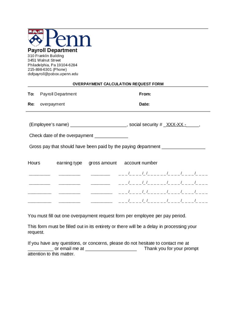 Payroll Department OFF CYCLE PAYMENT REQUEST - University of Pennsylvania Doc Template | pdfFiller