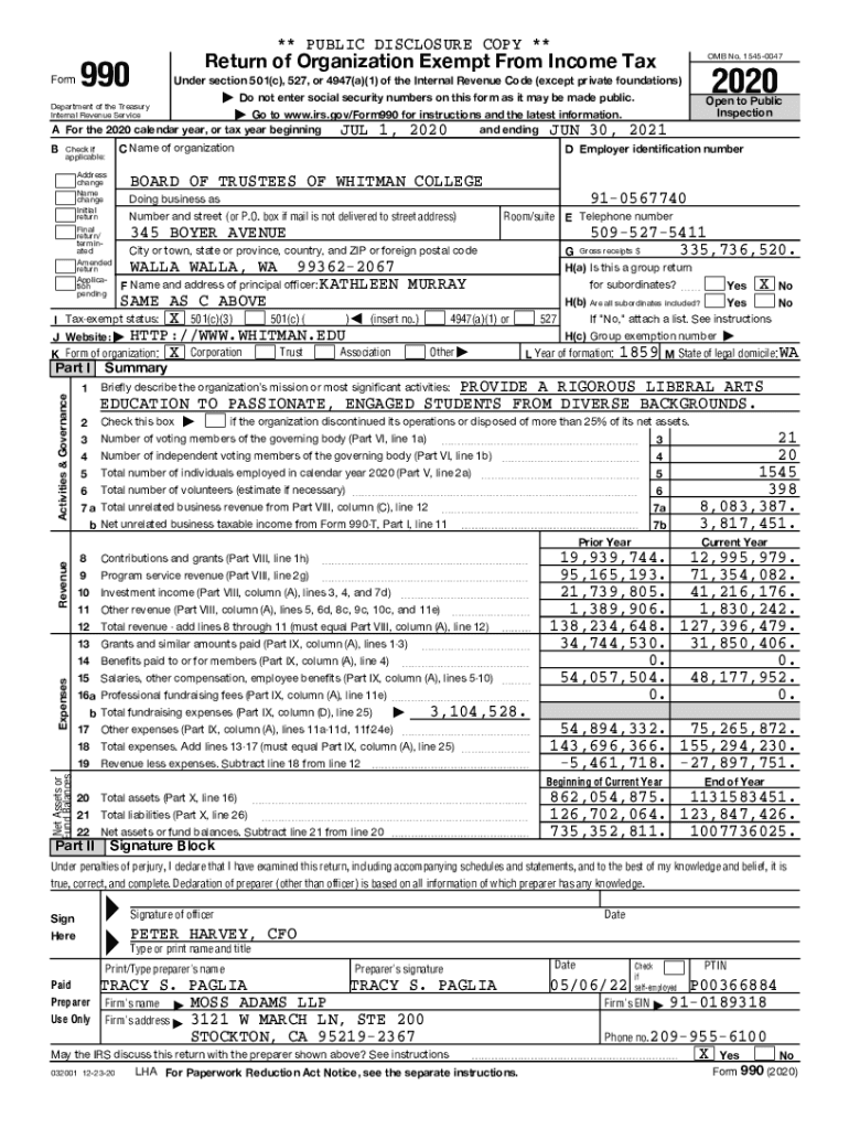 Fillable Online - Whitman College 2020 Public Disclosure Copy (606703 ...