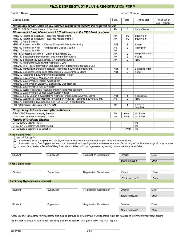 Fillable Online Ph.D. DEGREE STUDY PLAN & REGISTRATION FORM Fax Email ...