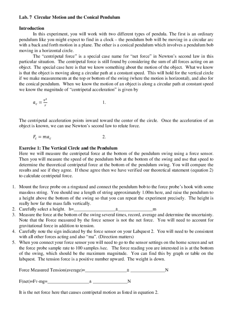 Fillable Online Lab 7 Conical Pendulum.pdf - Lab. 7 Circular Motion and ...