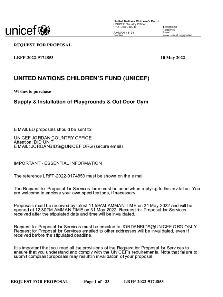 Fillable Online UNICEF Request for Proposal no. 2022-9174853 Long Term ...