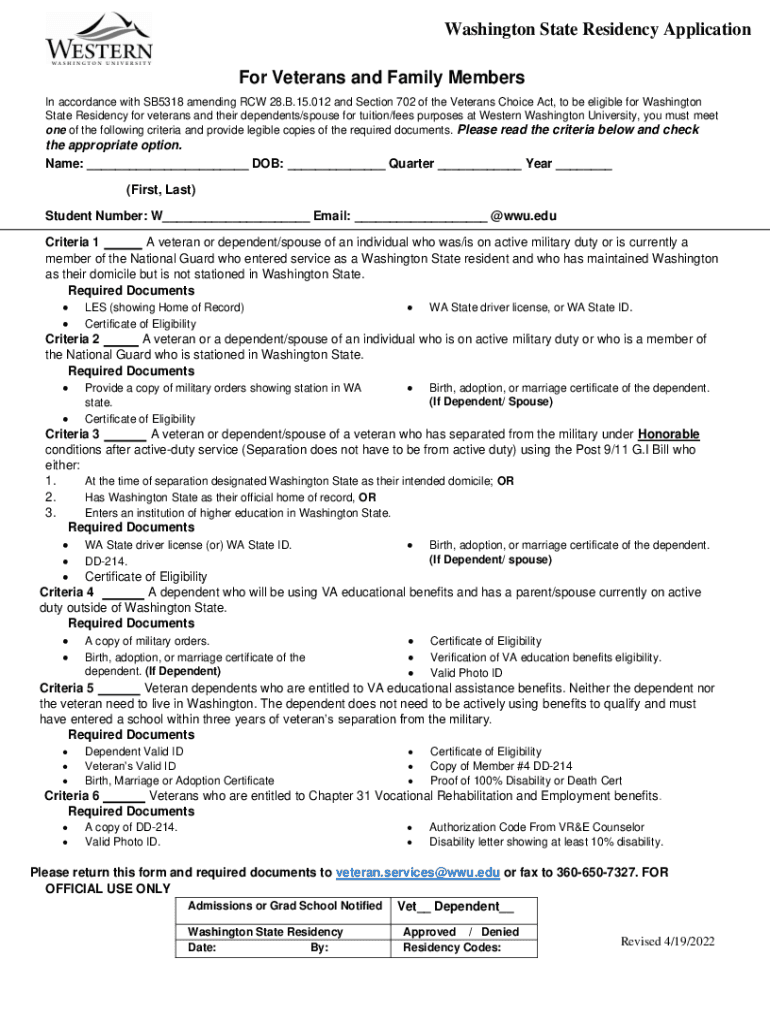 Fillable Online Washington State Residency Application For Veterans and ...