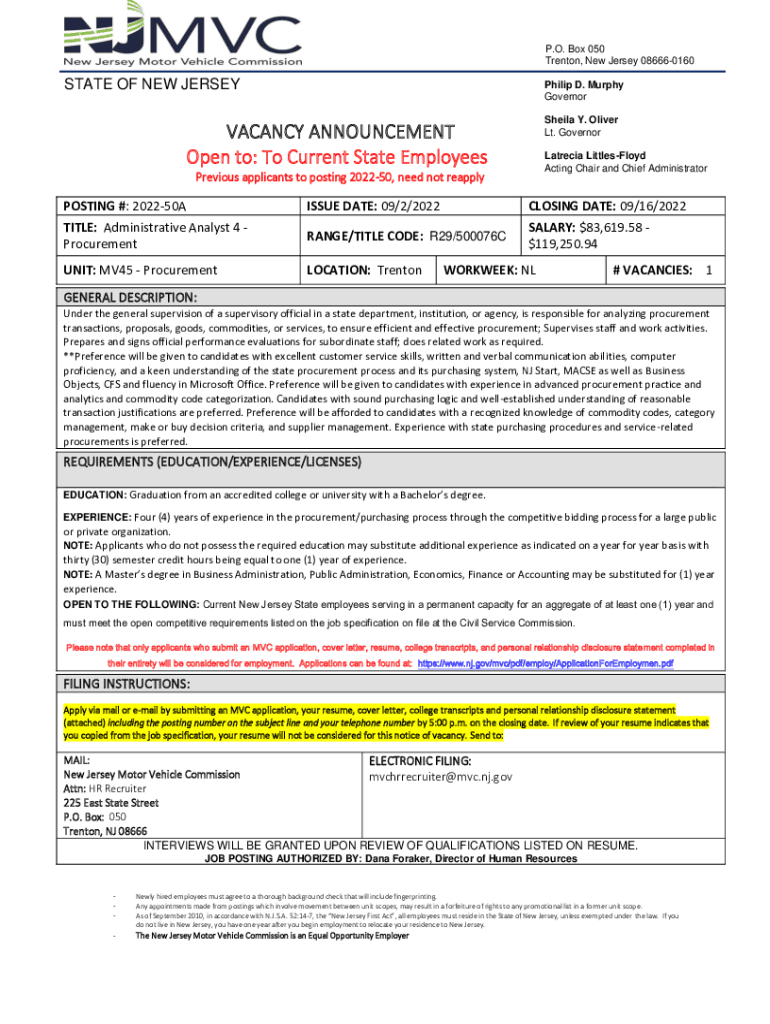 Fillable Online www.state.nj.usmvcpdfVACANCY ANNOUNCEMENT Sheila Y. Oliver Statewide: To Current ...