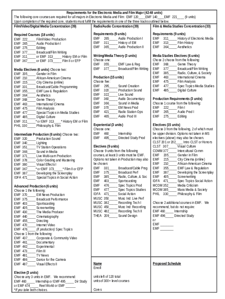 Requirements for the Electronic Media and Film Major (39 credits) Doc ...