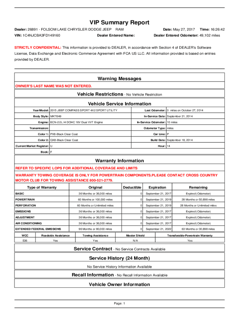 Fillable Online Chrysler DealerCONNECT Reporting System. VIP Report Fax ...