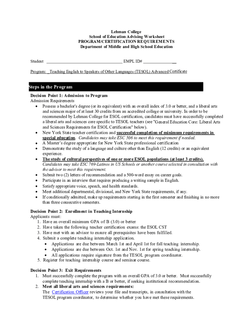 Fillable Online www.lehman.edu TESOL-AdvLehman College School of ...