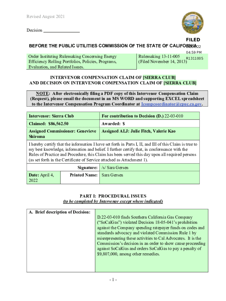 Fillable Online docs cpuc ca Revised August 2021 Decision FILED BEFORE ...