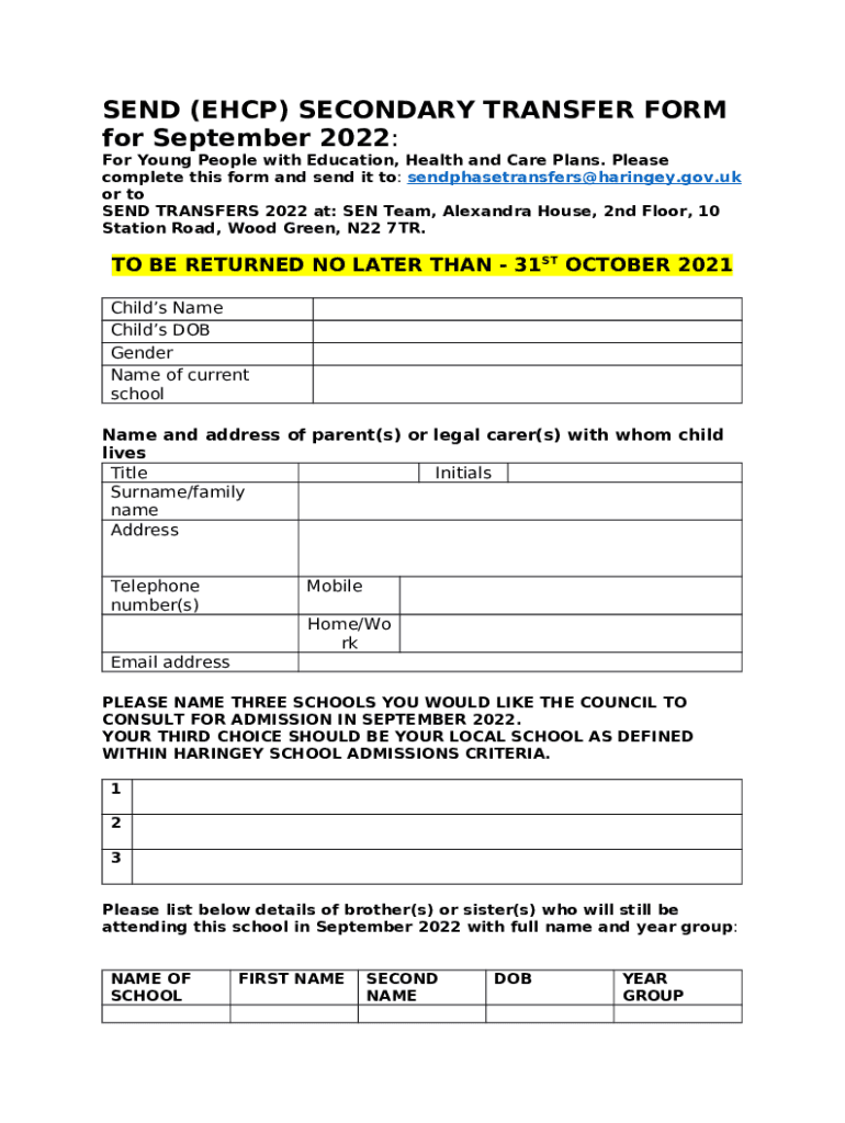 SEND (EHCP) SECONDARY TRANSFER APPLICATION for September ... Doc ...