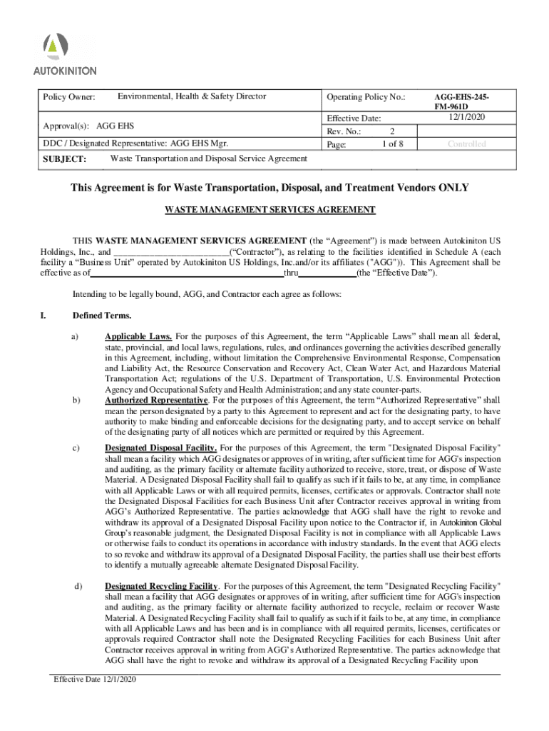 Fillable Online This Agreement is for Waste Transportation, Disposal ...