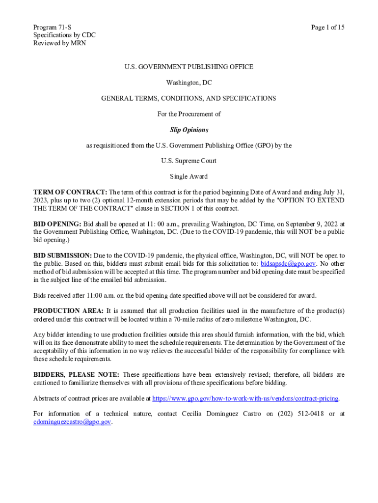 Fillable Online Program 71-S Page 1 of 15 Specifications by CDC ...