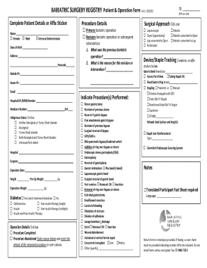 Fillable Online BARIATRIC SURGERY REGISTRY Patient & Operation Form ... Fax Email Print - pdfFiller