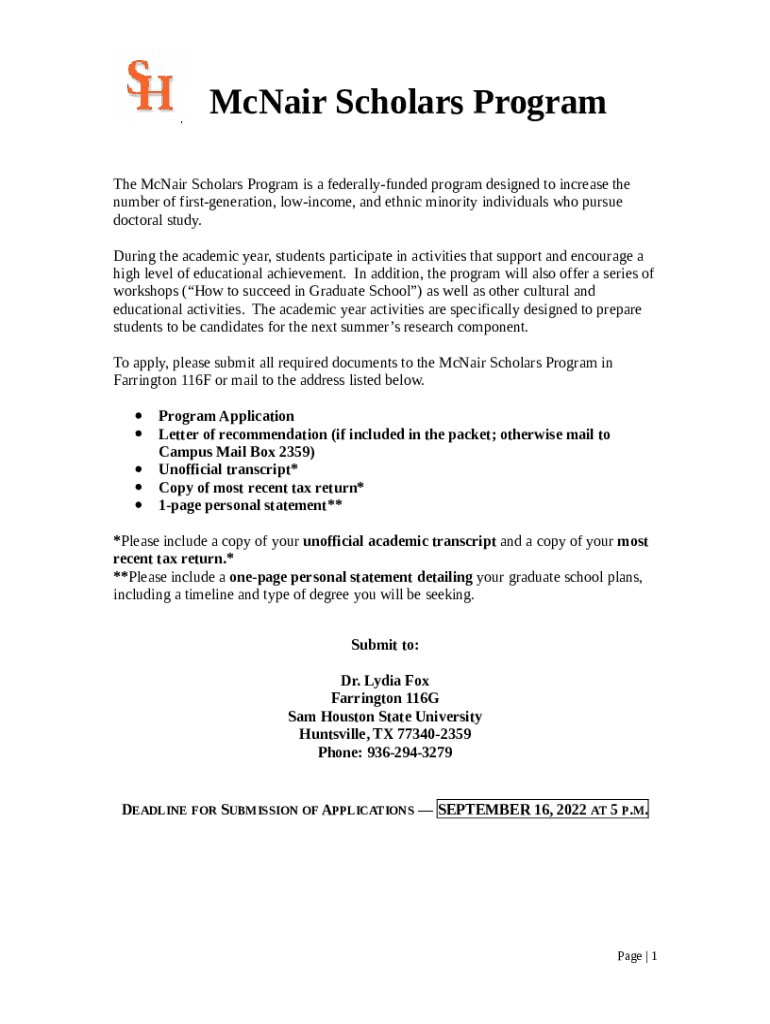 SHSU McNair Program Application - Sam Houston State University Doc Template | pdfFiller