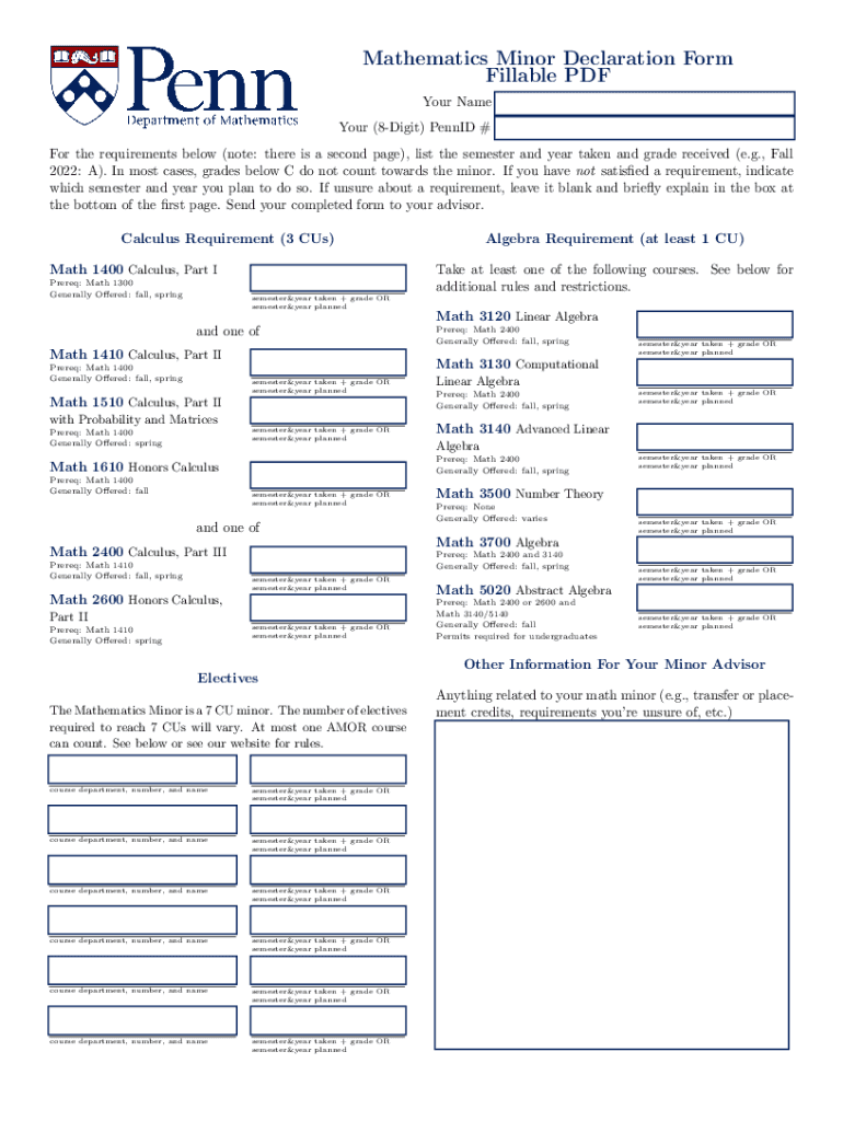 Fillable Online Mathematics Minor Declaration Form Fillable PDF Fax Email Print - pdfFiller