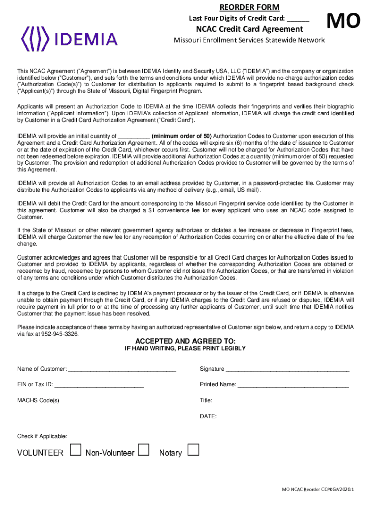Fillable Online Last Four Digits of Credit Card: REORDER FORM WV NCAC ...