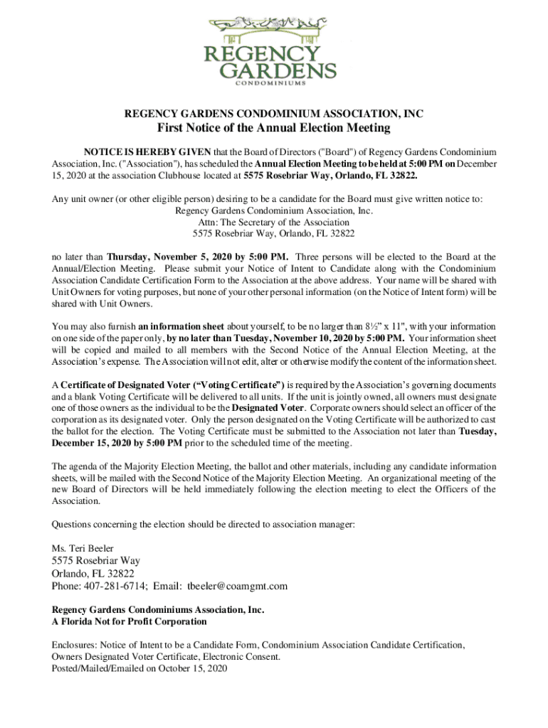 Fillable Online REGENCY GARDENS CONDOMINIUM ASSOCIATION, INC First ...