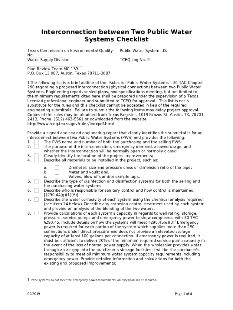 Interconnection between Two Public Water Systems Checklist ...