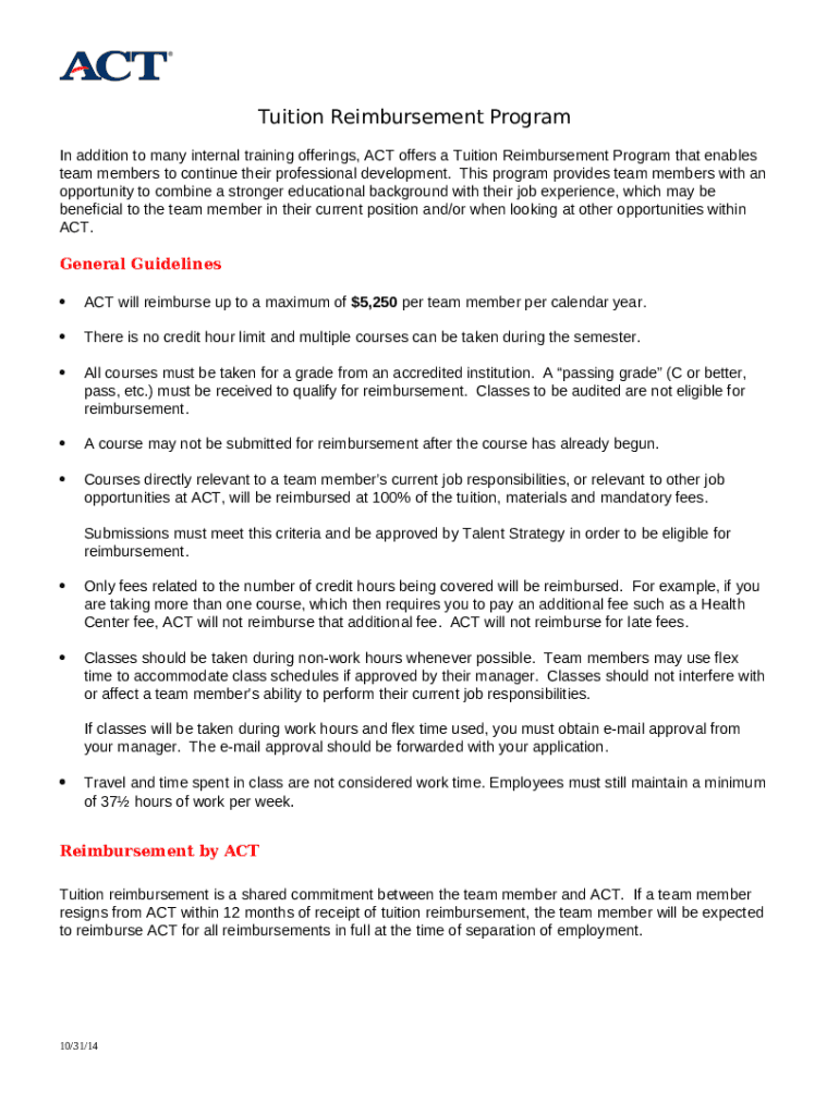 Tuition Reimbursement Policy SampleHow To Get Reimbursed Doc Template | pdfFiller