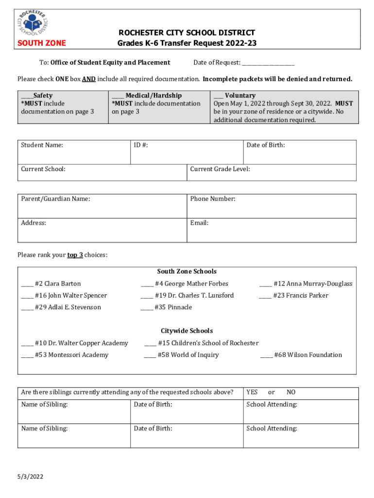 Fillable Online ROCHESTER CITY SCHOOL DISTRICT SOUTH ZONE Grades K-6 ...