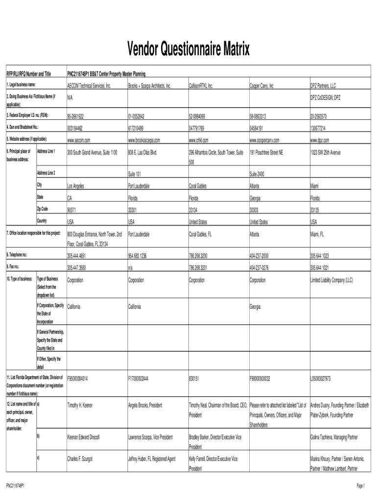 Fillable Online Vendor Questionnaire Matrix - Broward County, Florida ...