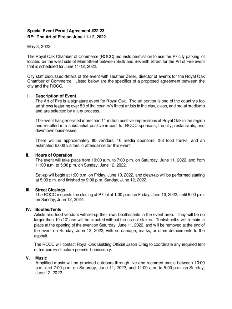 Fillable Online Special Event Permit Agreement #22-23 RE: The Art of ...