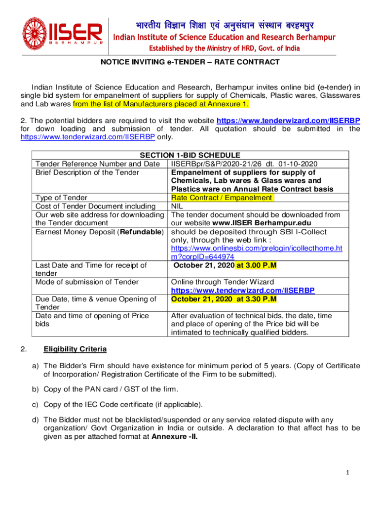 Fillable Online www3.iiserpune.ac.inuploadstenderNOTICE INVITING TENDER ...