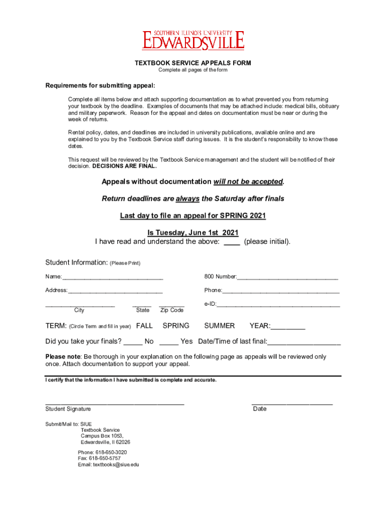 Fillable Online TEXTBOOK SERVICE APPEALS FORM Requirements for submitting appeal Fax Email Print ...