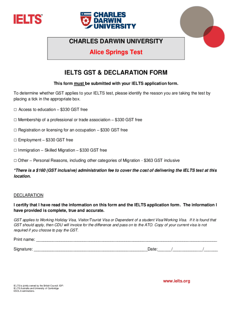 Fillable Online CHARLES DARWIN UNIVERSITY Alice Springs Test IELTS GST ...
