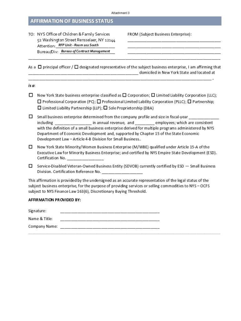 Fillable Online ocfs ny Attachment 3 AFFIRMATION OF BUSINESS STATUS ...