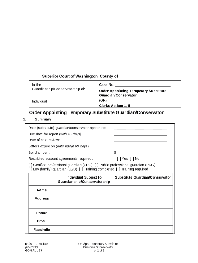 Order Appointing Temporary Substitute Guardian/Conservator Doc Template ...