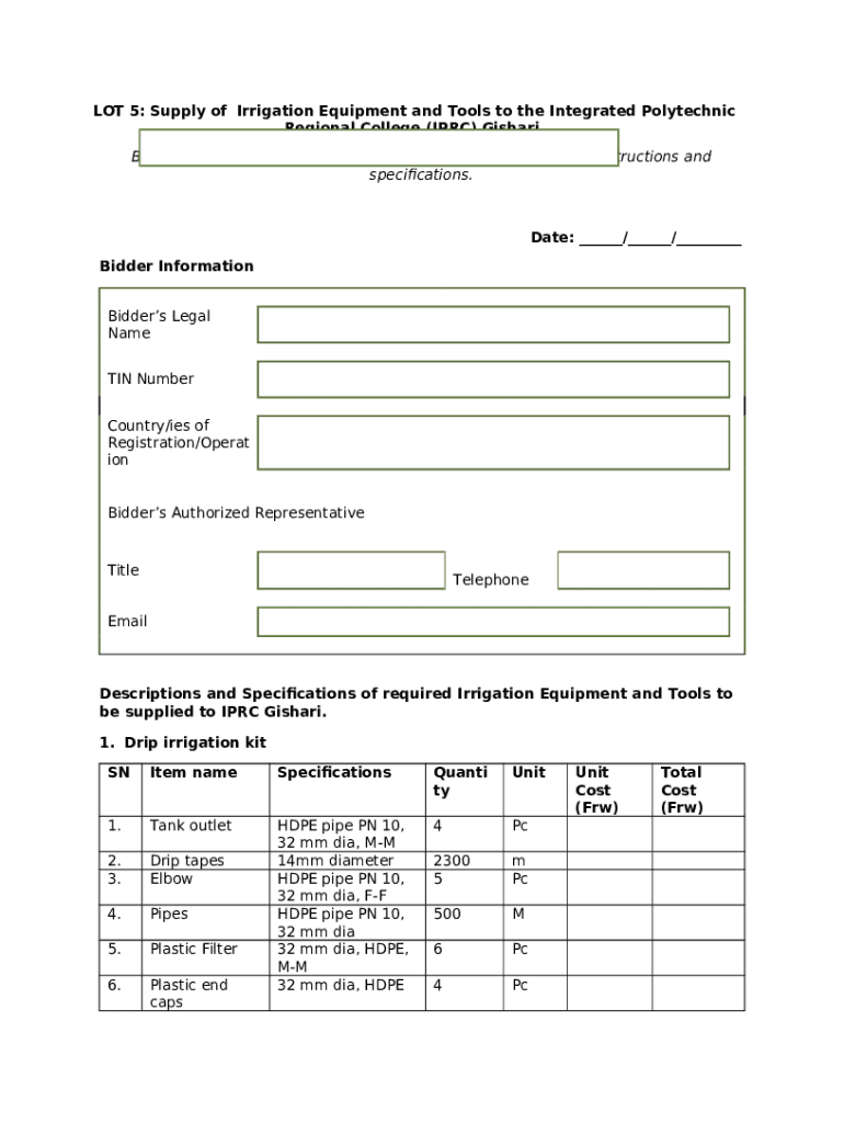 LOT 5: Supply ofIrrigation Equipment and Tools to the Integrated ...