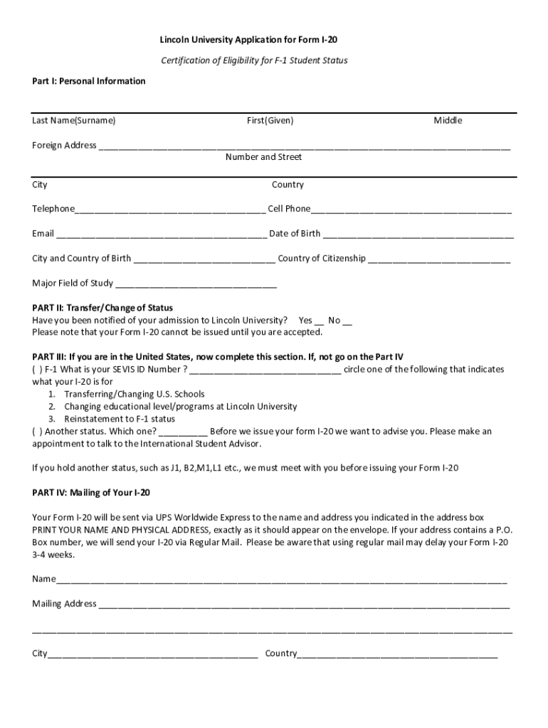 Fillable Online Application to obtain Form I-20 (Certificate of ...