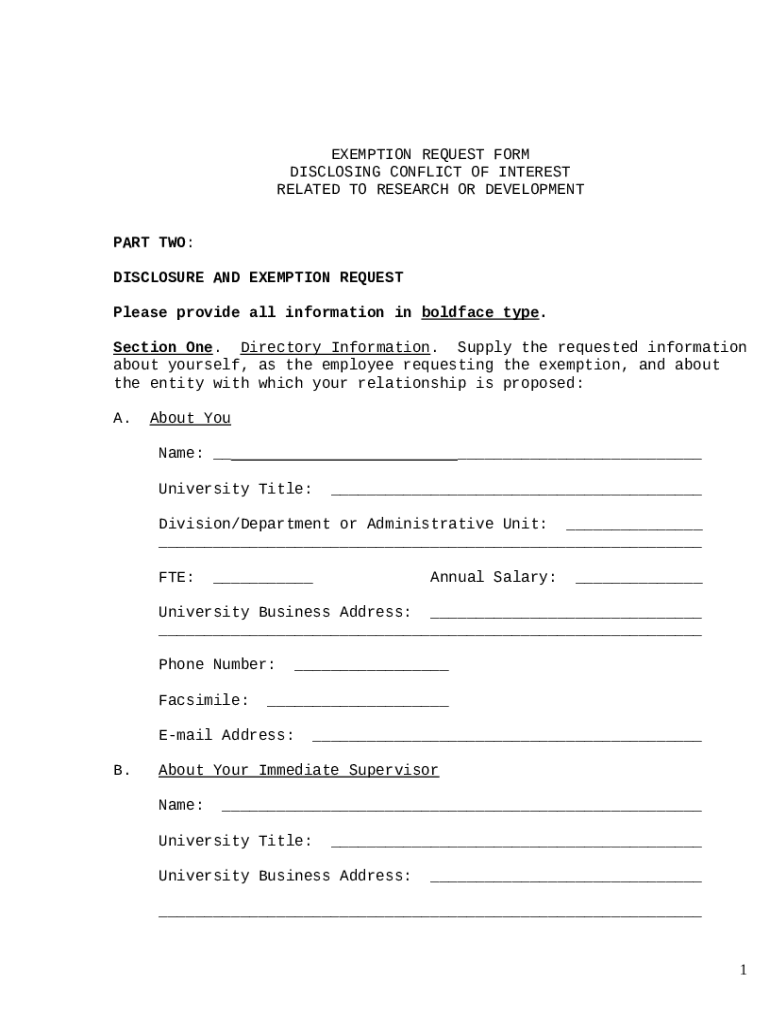 EXEMPTION REQUEST DISCLOSING CONFLICT OF INTEREST RELATED Doc Template | pdfFiller