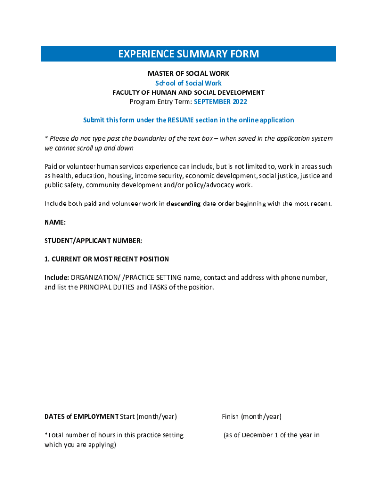 Fillable Online EXPERIENCE SUMMARY FORM - University of Victoria Fax ...