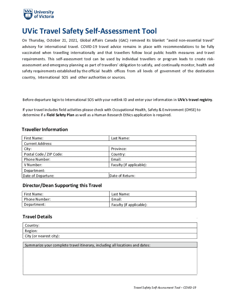 Fillable Online UVic Travel Safety Self-Assessment Tool - University of ...