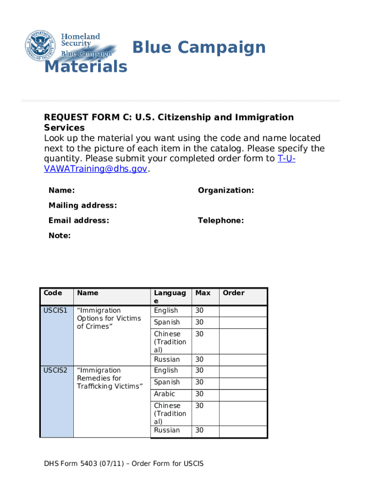 Blue Campaign Materials Order - DHS Doc Template | pdfFiller