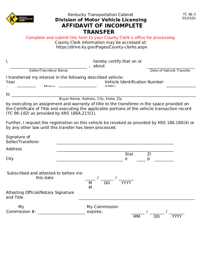 Affidavit of Incomplete Transfer - Kentucky Transportation Cabinet ...